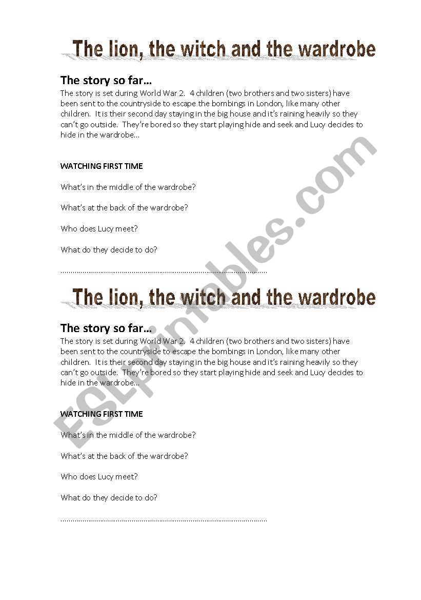 English worksheets: Narnia - DVD worksheet (Lucy´s discovery of Narnia)