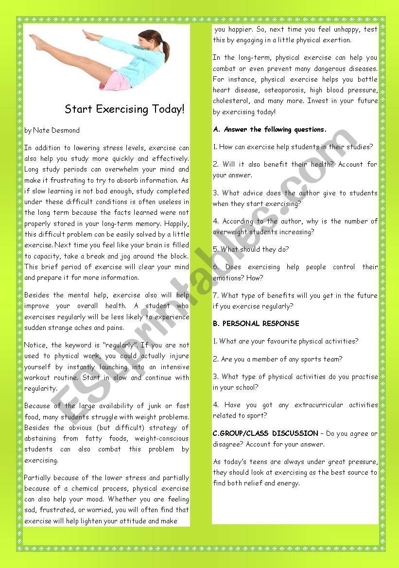 TEENS´HEALTHY LIFE STYLES-START EXERCISING TODAY!- +SPEAKING - ESL ...