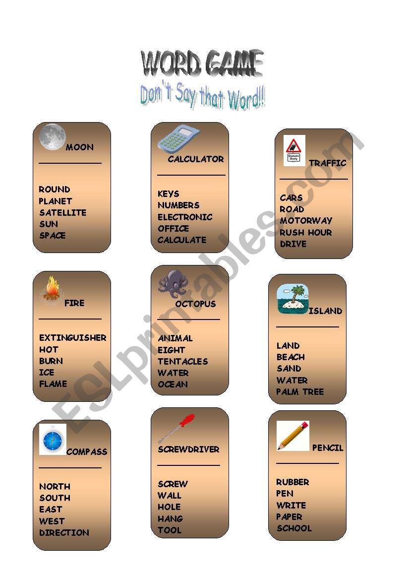 Game: "Don´t Say That Word!!"doc 1. Practising definitions, synonyms ...