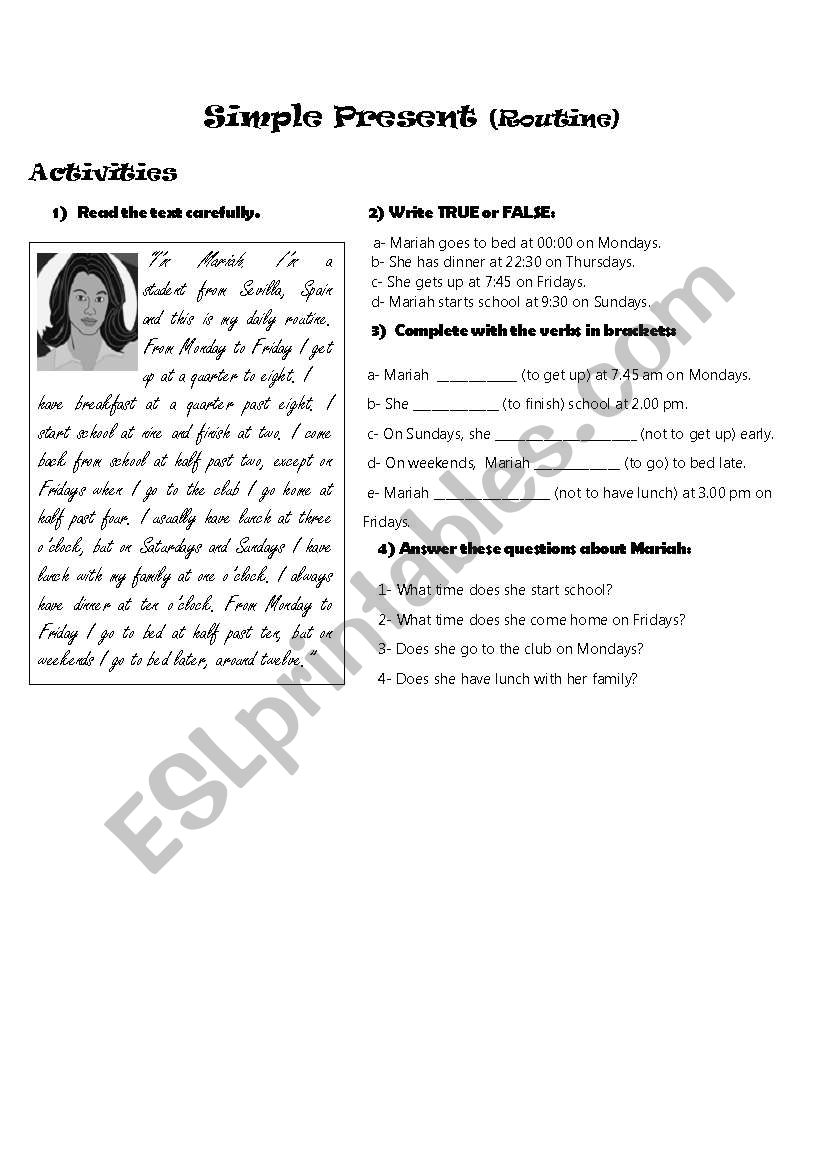 Mariah´s daily routine - ESL worksheet by popination