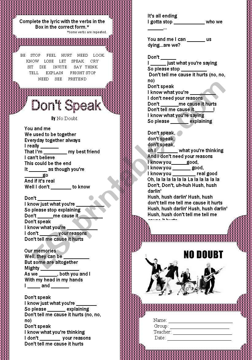 Don´t Speak - No Doubt - ESL worksheet by D@N! P Don´t Speak - No Doubt - ESL worksheet by D@N! P