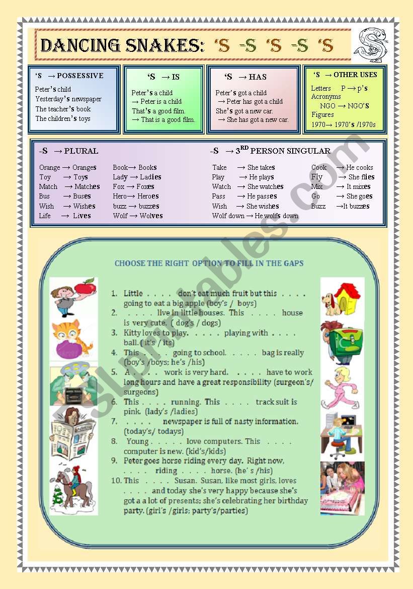 Dancing Snakes: Values of the final -S / ´S - ESL worksheet by anaram
