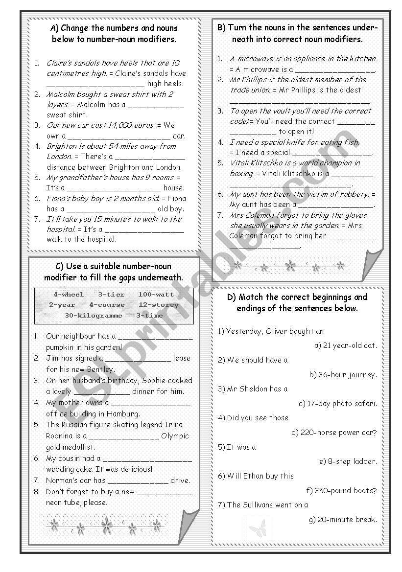Number-noun Modifiers Exercises - Tawana Foltz's English Worksheets Number-noun Modifiers Exercises - Tawana Foltz's English Worksheets