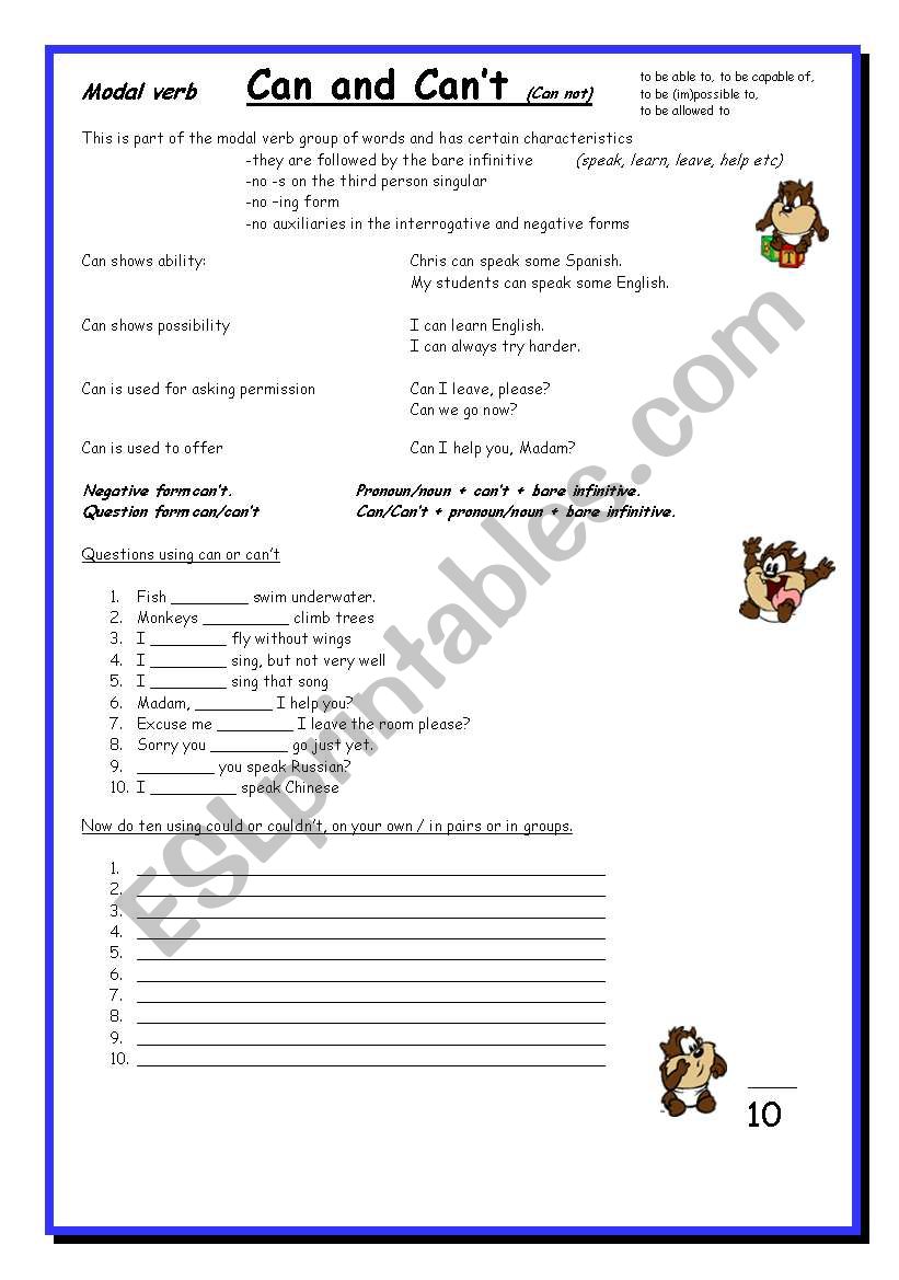 Can & Can´t 10+ elementary, modal verb use - ESL worksheet by Kris ´el ...