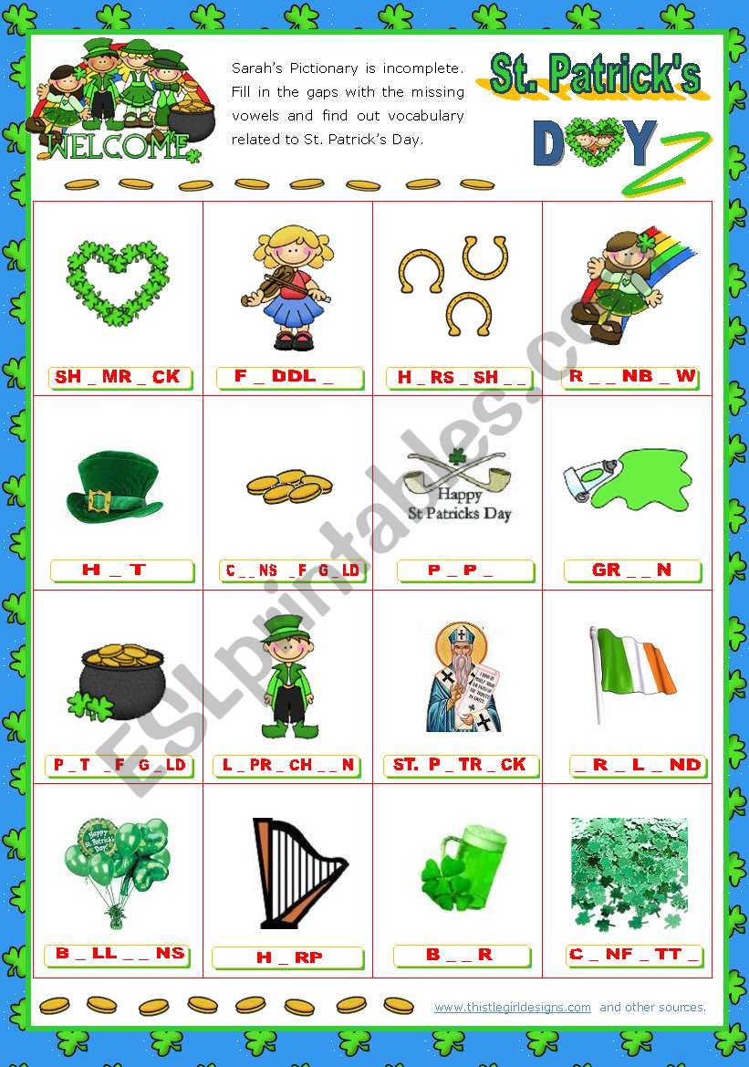 St. Patrick´s Day (5) - Pictionary to complete with missing vowels ...