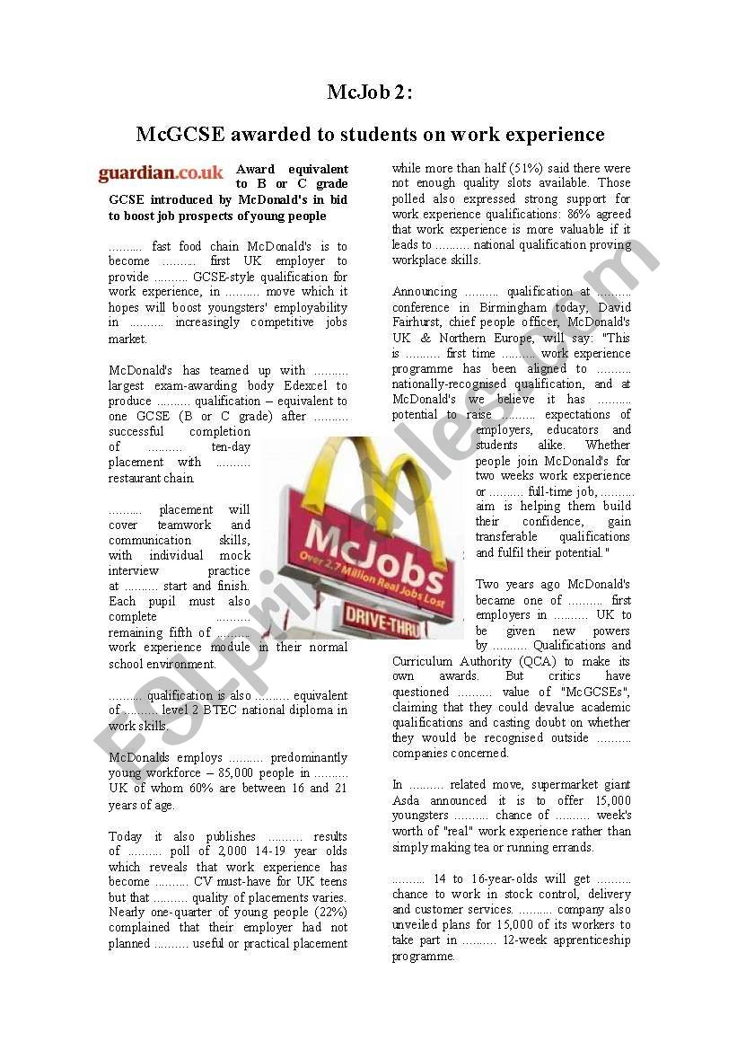McJobs: McDonald´s offers qualifications and work experience - ESL ...