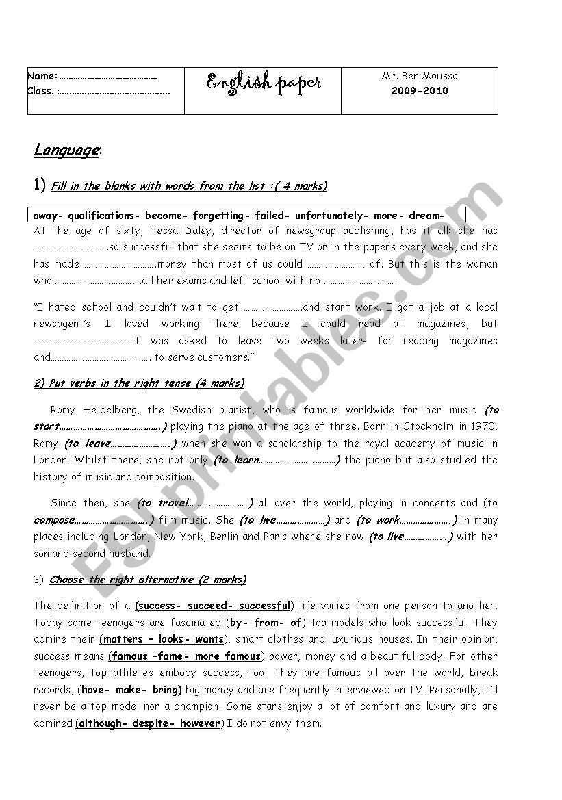 an english test for 1 st year secondary pupils.It ´s very helpful - ESL ...