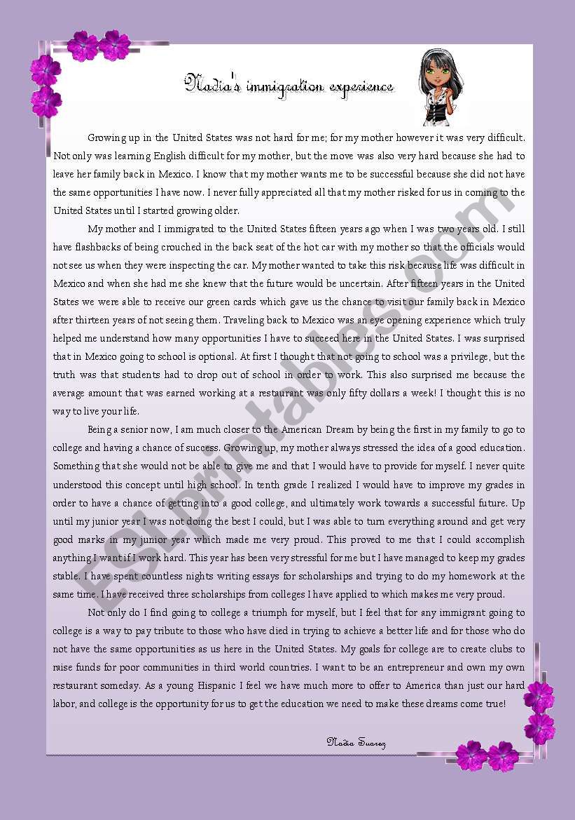 Nadia´s immigration experience - ESL worksheet by cristinamargarida