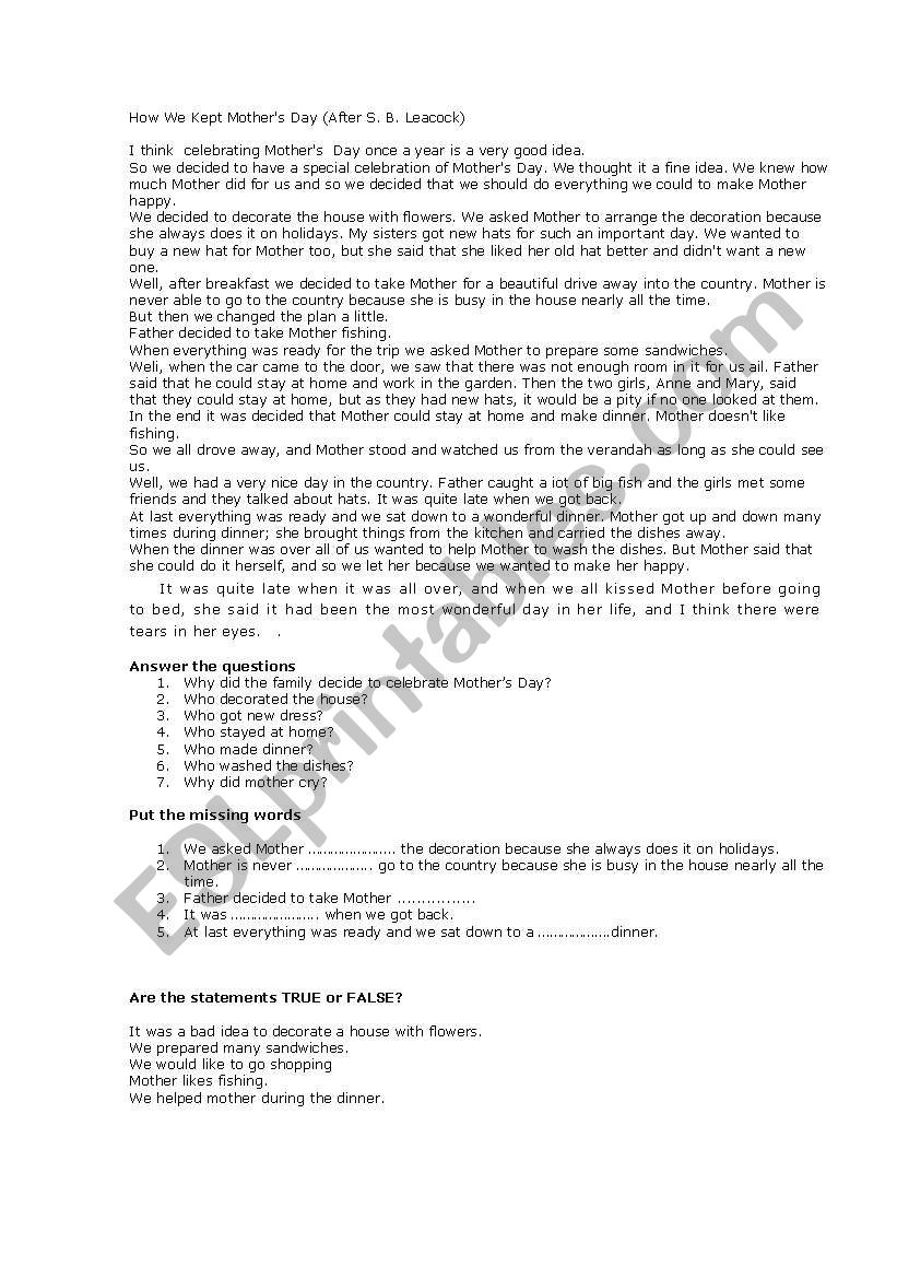 How we kept mother`s day - ESL worksheet by vinann