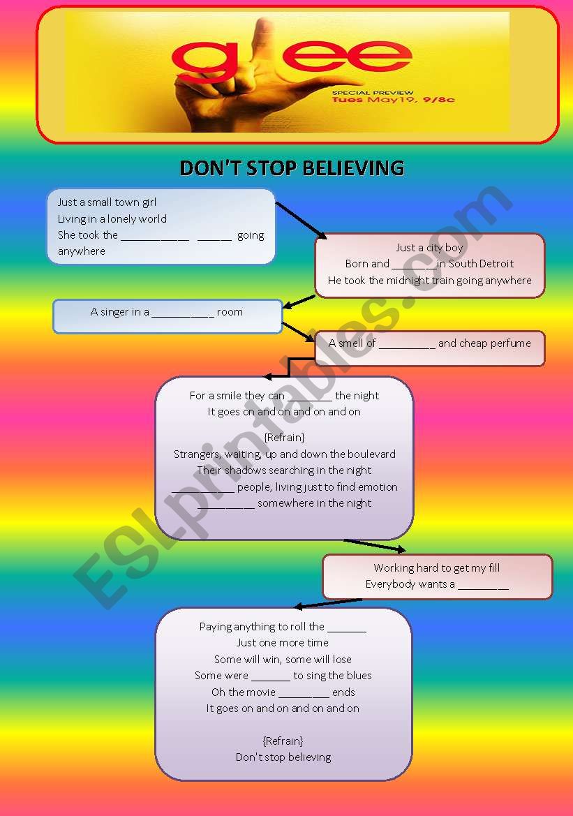 Glee song - Don´t Stop Believing - ESL worksheet by renatagazola