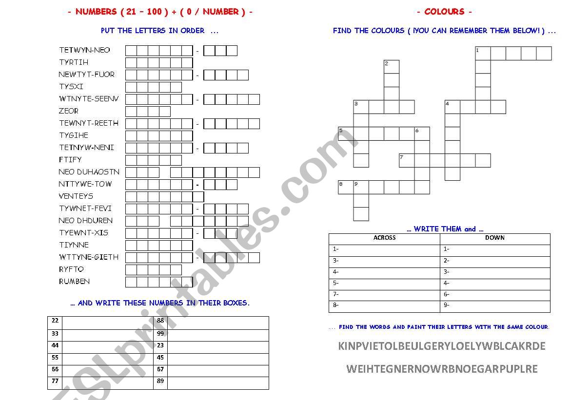 NUMBERS (21-100) & COLOURS - ESL worksheet by BBartleby NUMBERS (21-100) & COLOURS - ESL worksheet by BBartleby