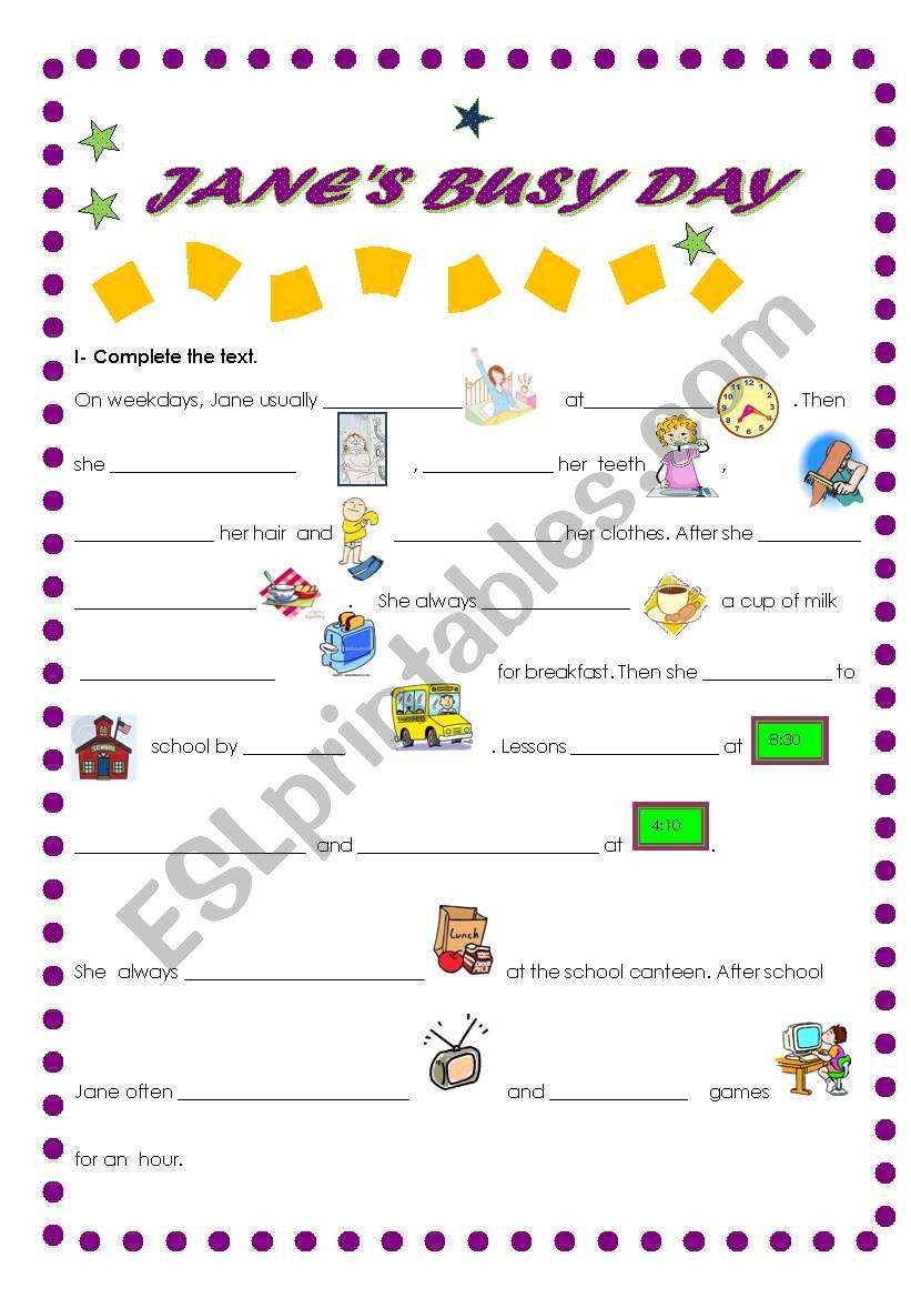 Jane´s busy day-Daily routine - part1 - ESL worksheet by miss-o