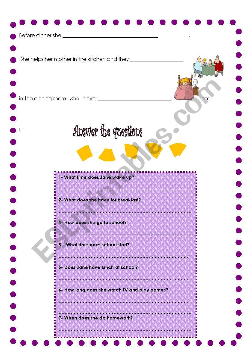 Jane´s busy day -Daily routine - part2 - 3 pages - ESL worksheet by miss-o