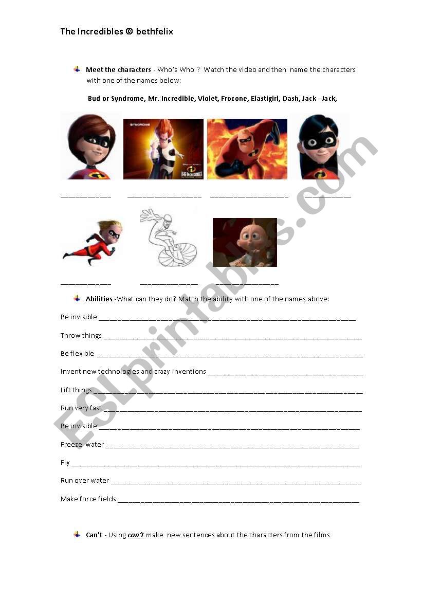 Can and Can´t with The Incredibles - ESL worksheet by felixbeth