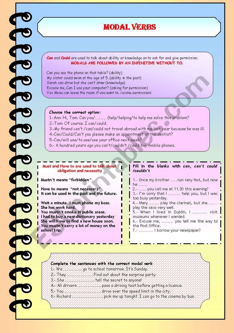 Modal Verbs: can,can´t, have to, must - ESL worksheet by mariaah