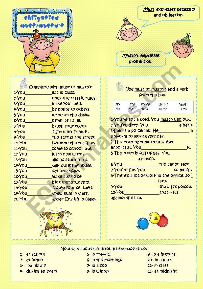 Obligation: MUST/MUSTN´T - ESL worksheet by rose95