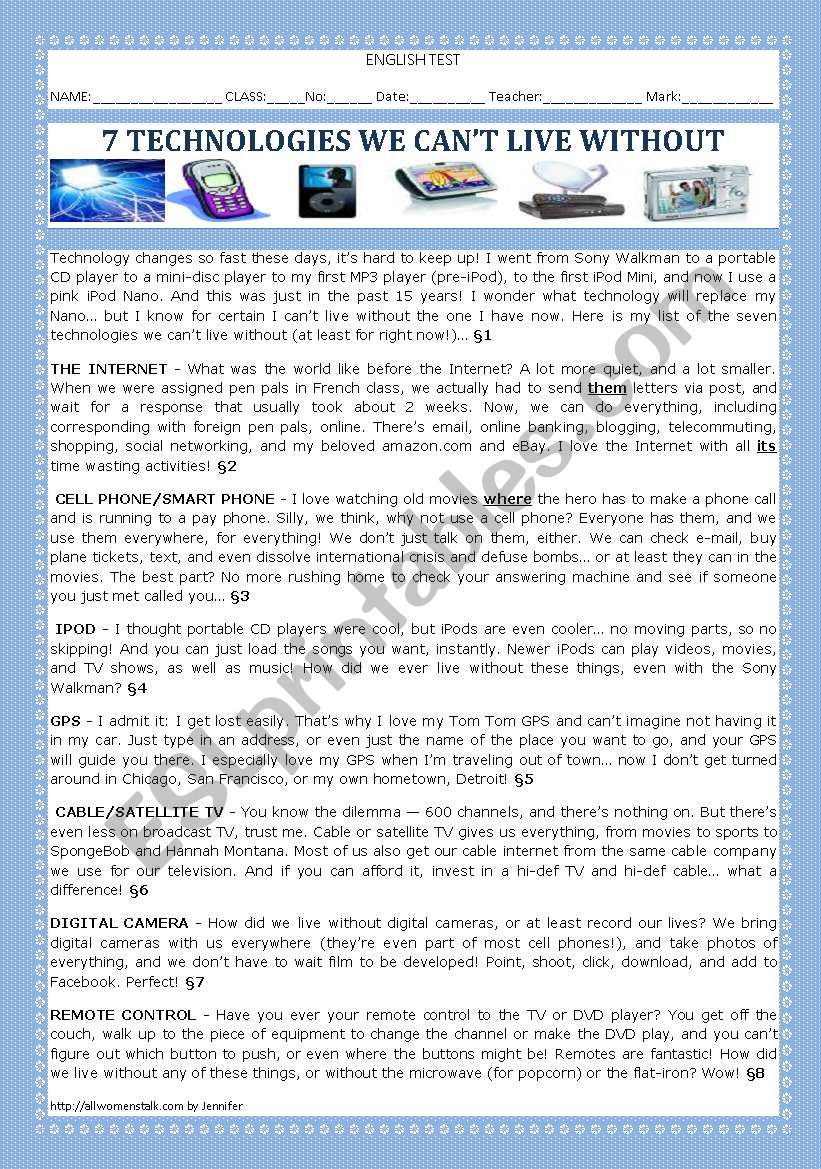 TEST: 7 TECHNOLOGIES WE CAN´T LIVE WITHOUT(4 PAGES) - ESL worksheet by ...