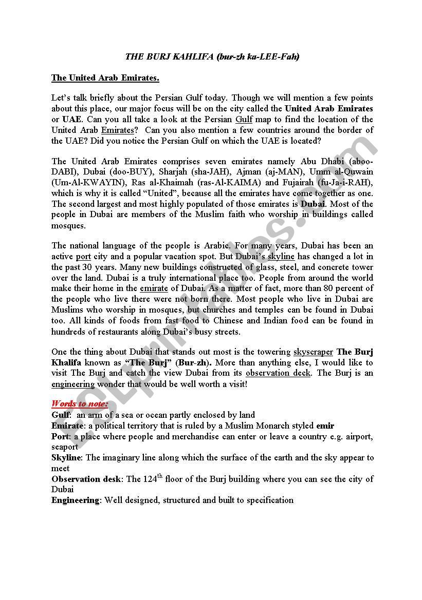 The Burj Dubai. World´s tallest Building - ESL worksheet by LaraSan