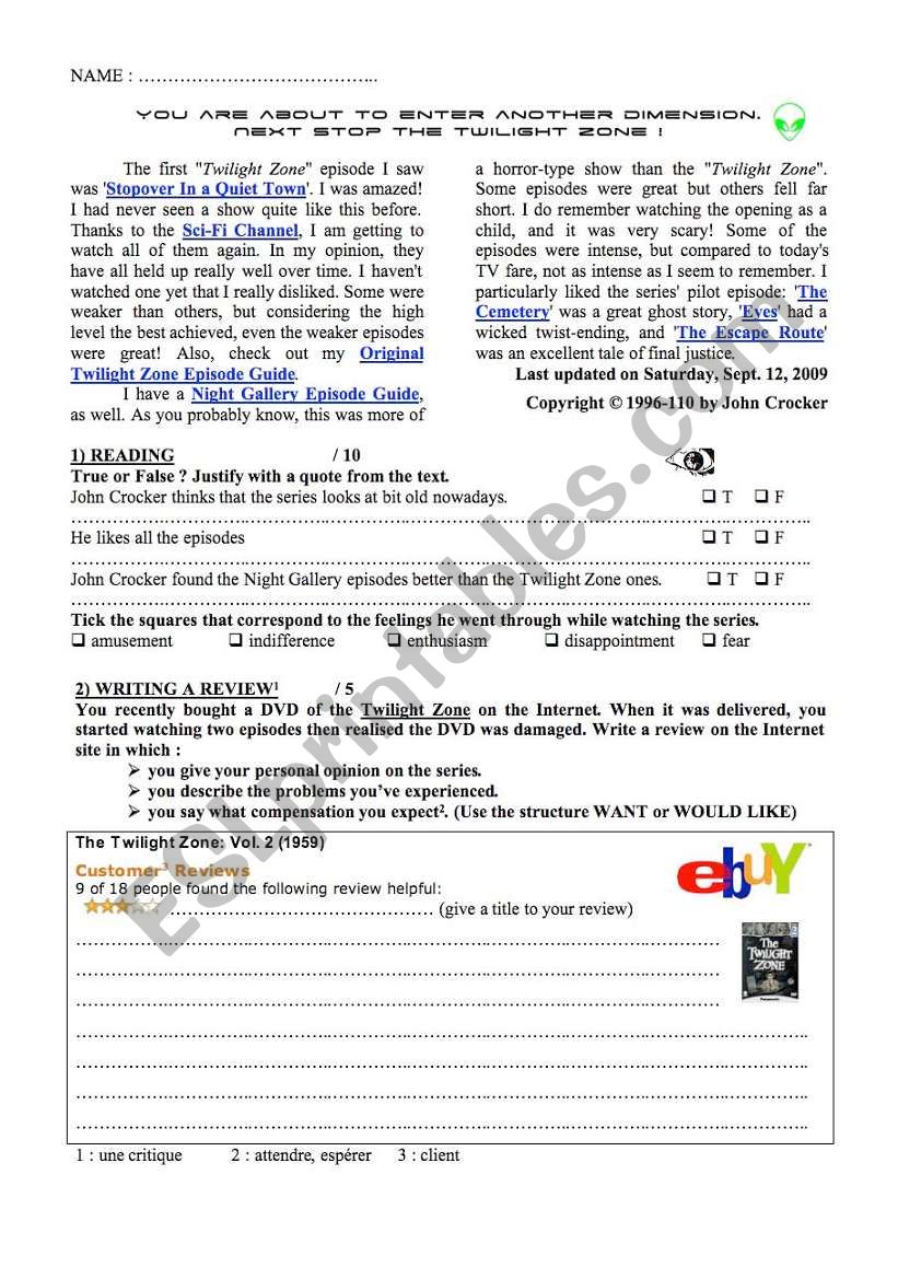 You´re entering the Twilight Zone Test - ESL worksheet by fofmu
