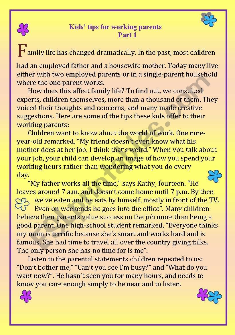 Kids´ tips for working parents !!!! - ESL worksheet by Crazy fan