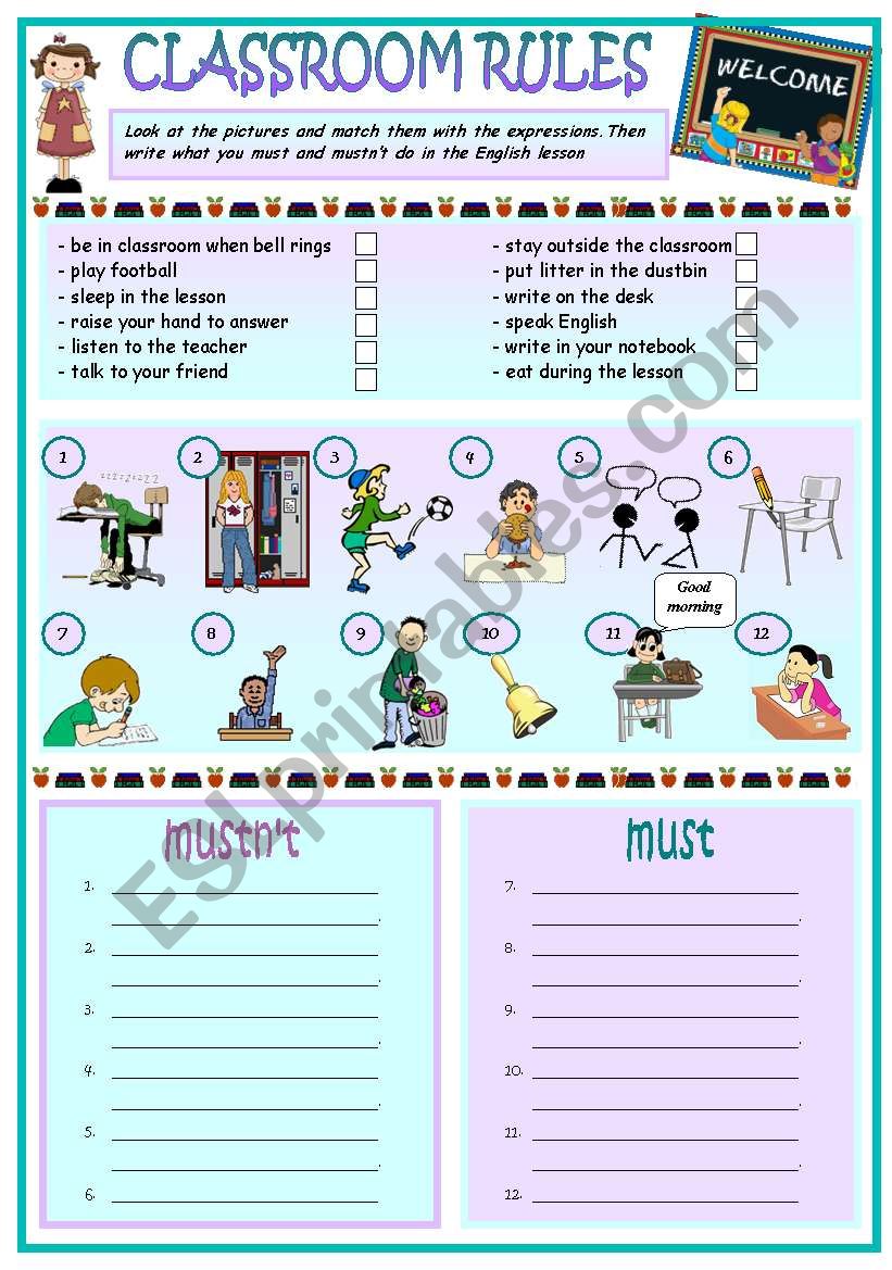 Classroom rules -- MUST and MUSTN´T - ESL worksheet by Tecus