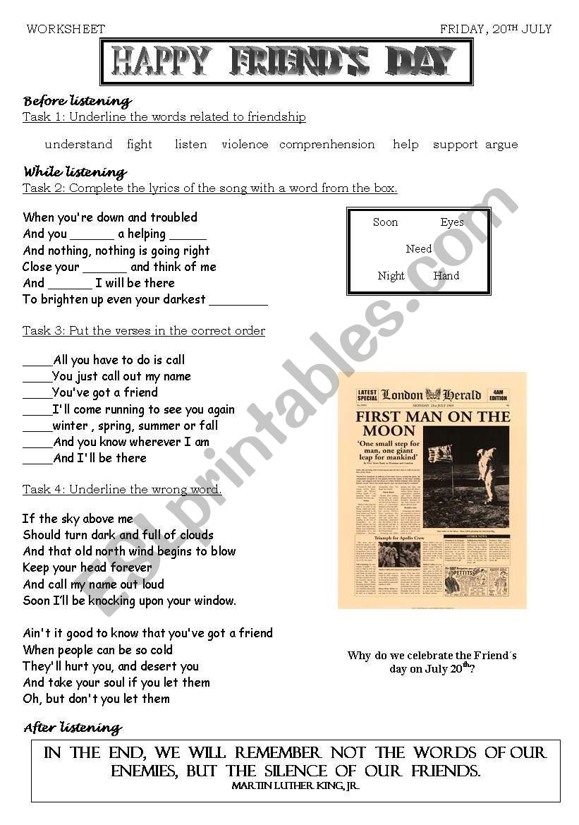 Friend´s day - ESL worksheet by susnananin