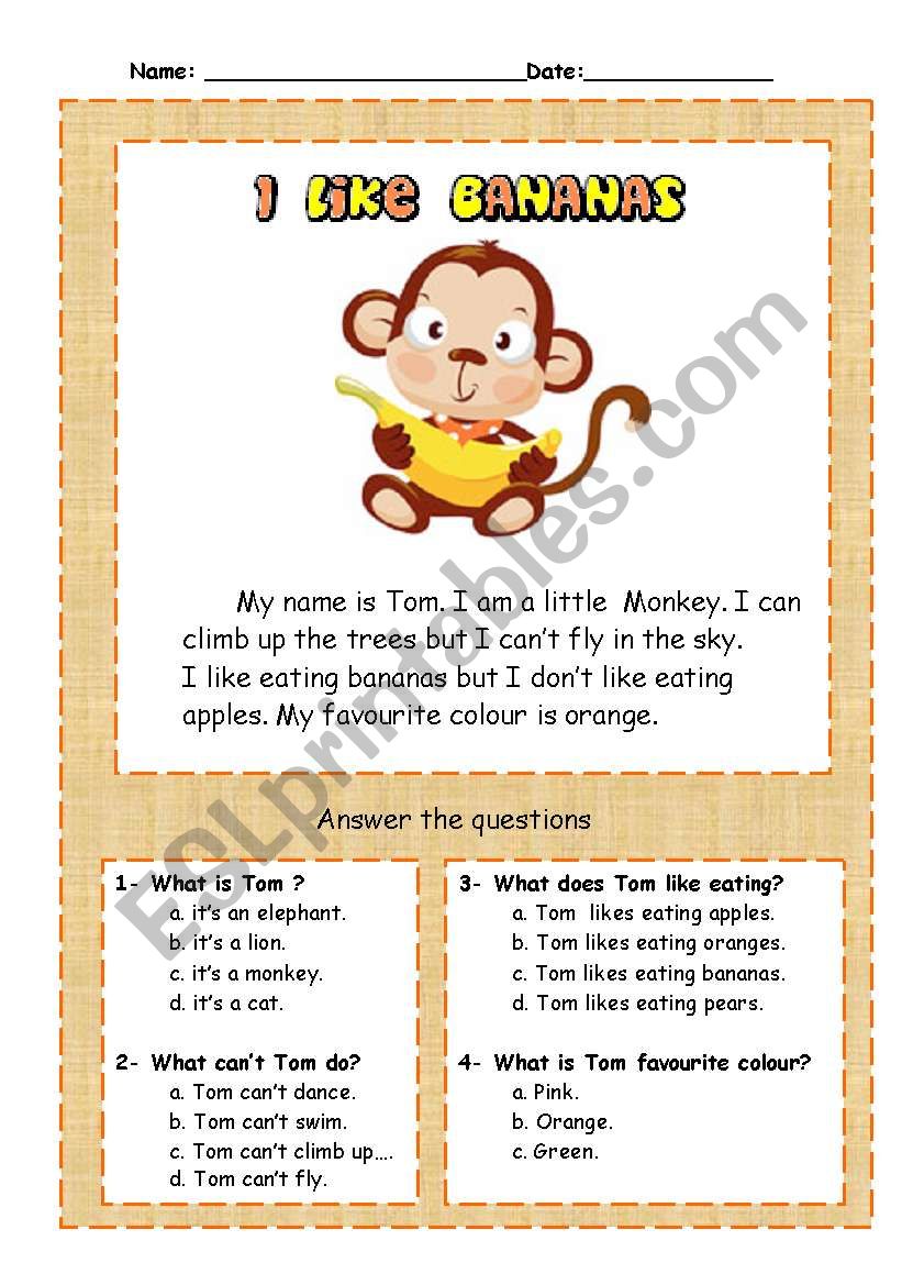 nº2. easy Reading comprehesion " I like bananas" - ESL worksheet by ...