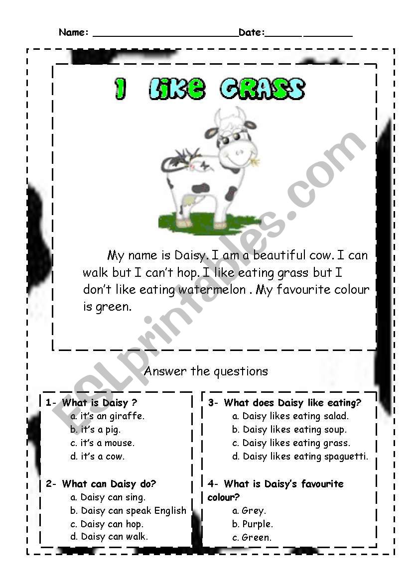 nº3. easy Reading comprehension " I like grass" - ESL worksheet by ...