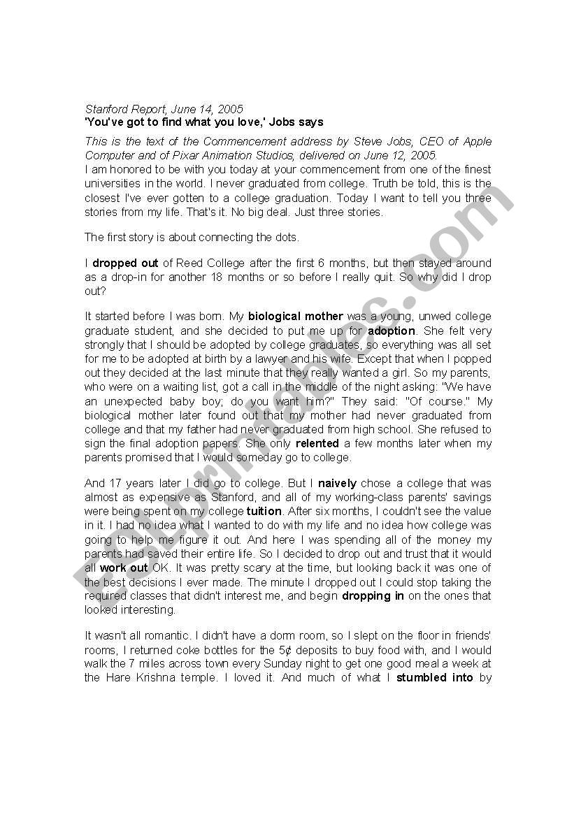 Steve Job´s Standford graduation speech - ESL worksheet by sullonator