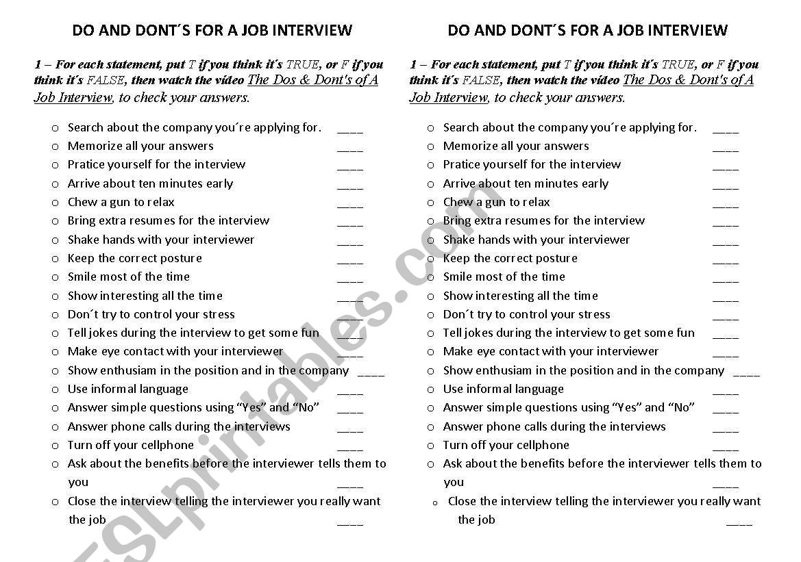 Do and dont´s in a job interview - ESL worksheet by teacherlila