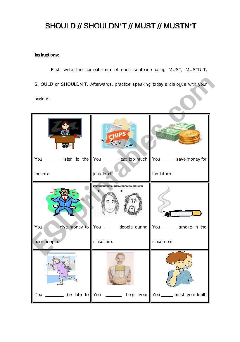 Should Shouldn´t Must Mustn´t - ESL worksheet by Jenniferyo
