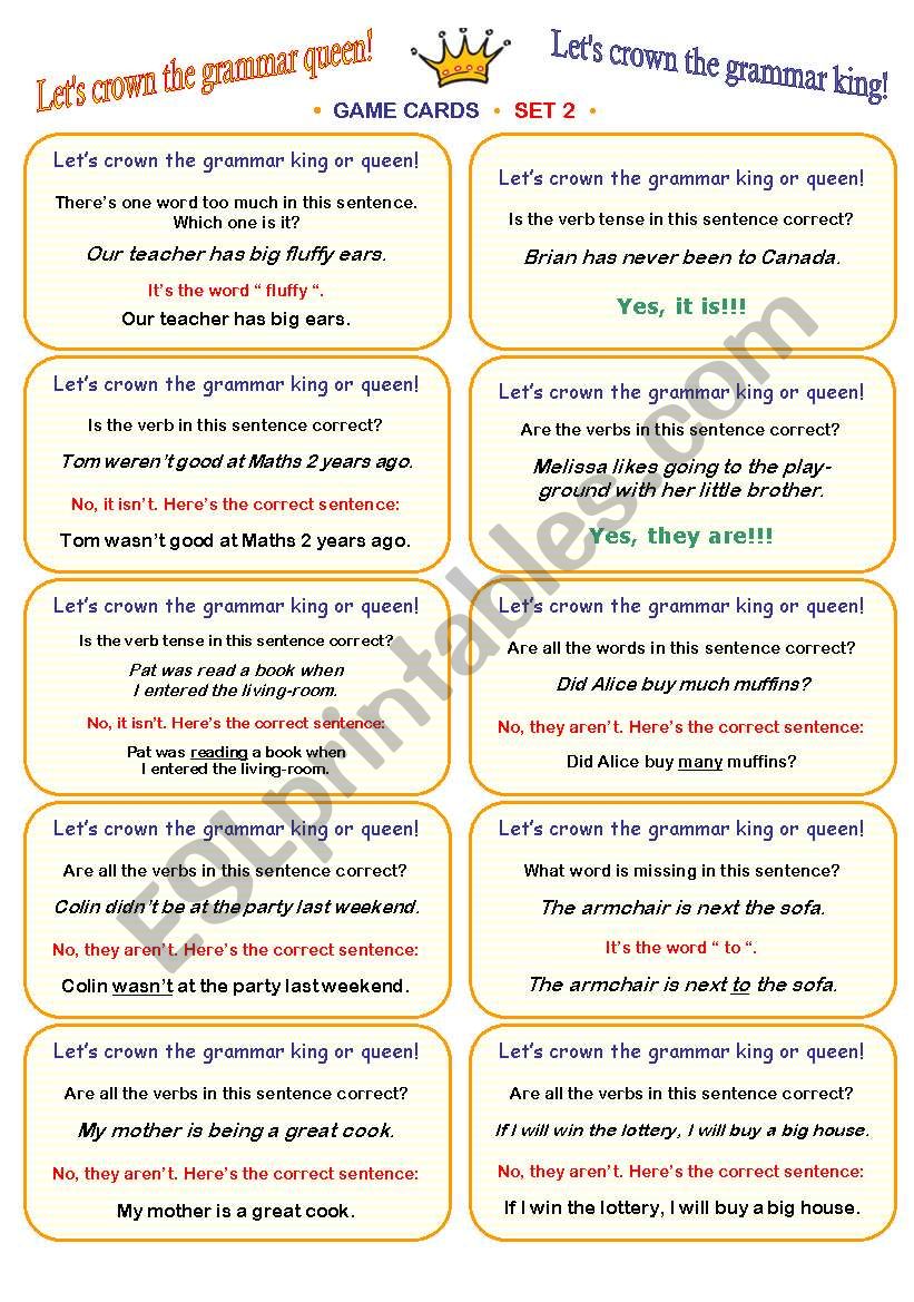 LET´S CROWN THE GRAMMAR QUEEN OR KING! • FUN CLASSROOM CHALLENGE • CARD ...