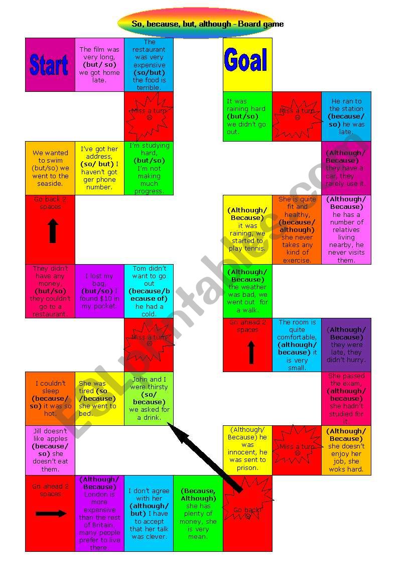 Board game (so,because,but,although) - ESL worksheet by ccchangch Board game (so,because,but,although) - ESL worksheet by ccchangch