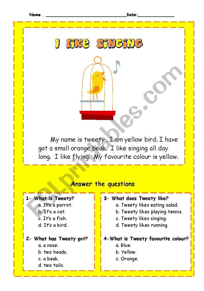 nº7 easy reading comprehension " I like singing" with answer key 1/2 ...