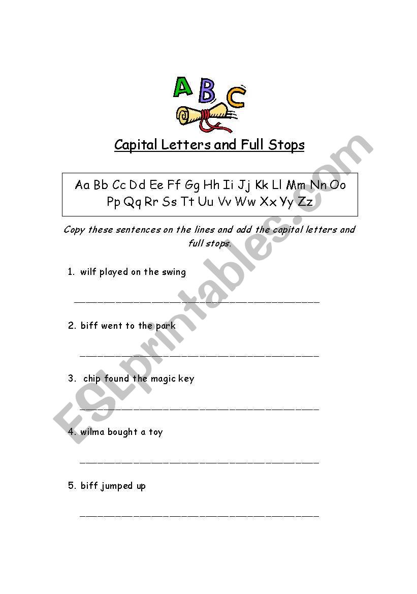 English Worksheets Capital Letters And Full Stops