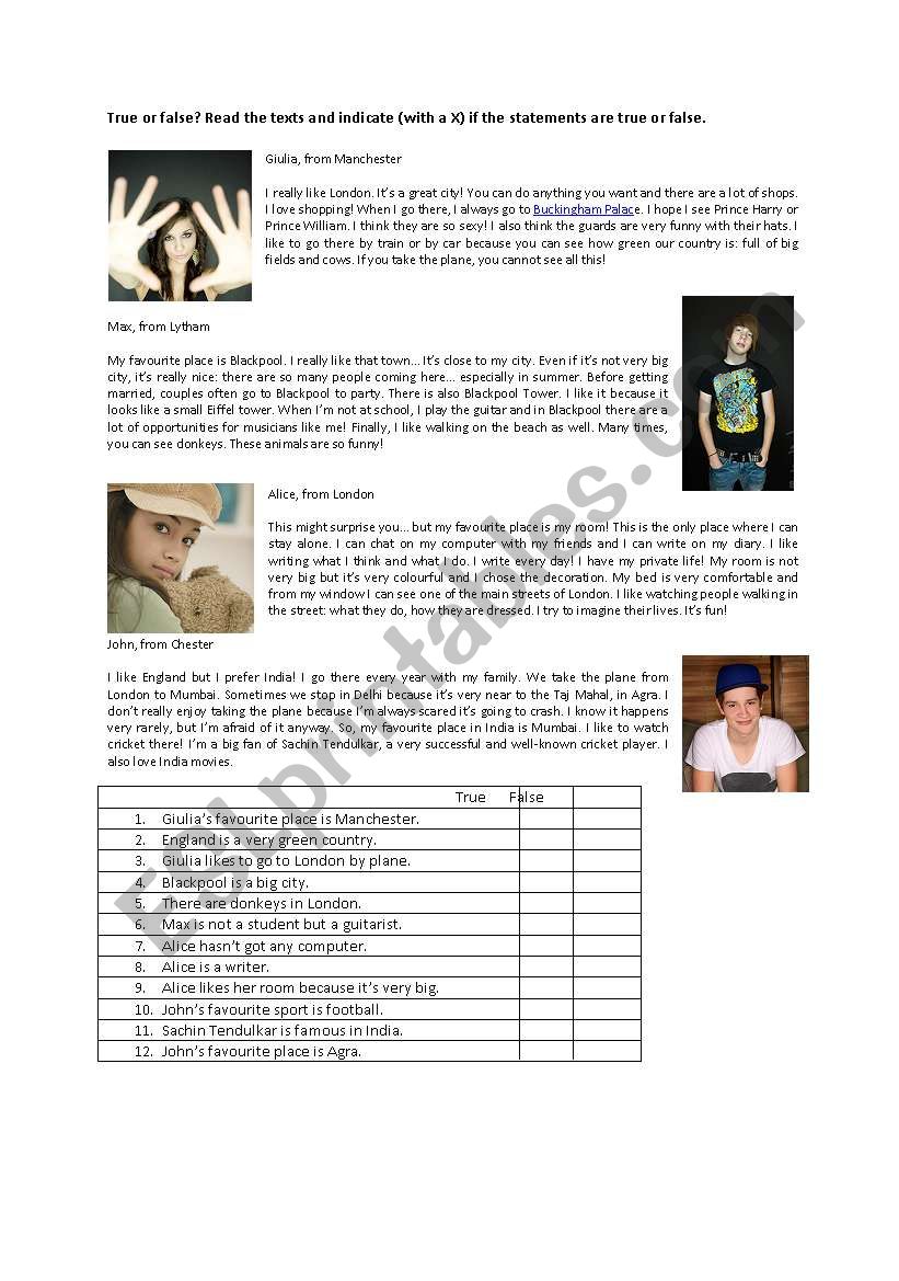 Reading : what´s your favourite place ? - ESL worksheet by JULIETTE5050