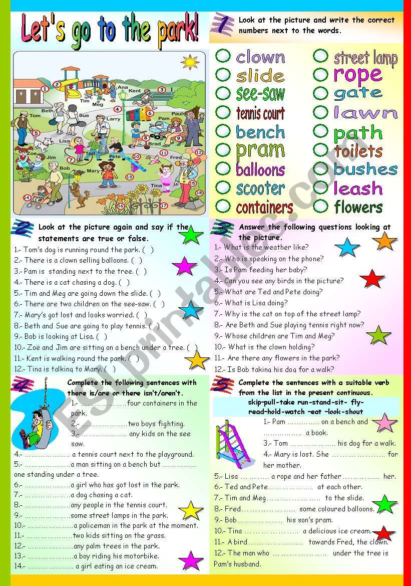 LET´S GO TO THE PARK! (KEY+B&W VERSION INCLUDED) - ESL worksheet by Katiana