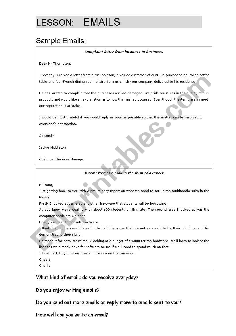 Writing Emails In Business ESL Worksheet By Ozcosh