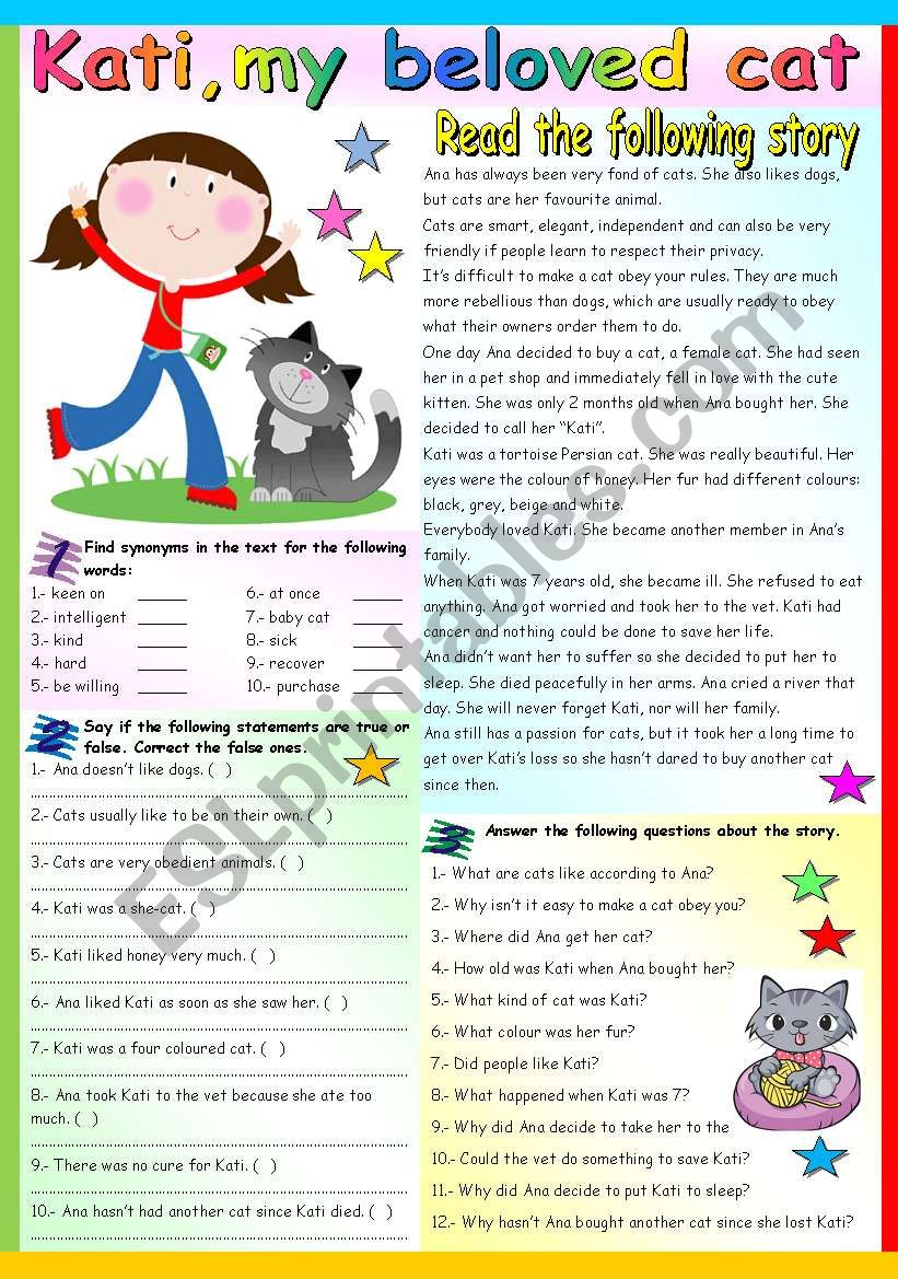 KATI, MY BELOVED CAT – READING AND COMPREHENSION (KEY+B&W VERSION ...