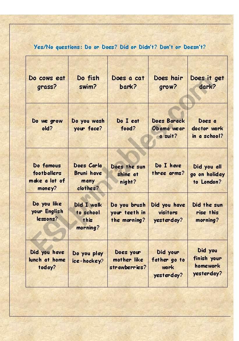 Yes/no questions: Do or Does? Did or Didn’t? Don’t or Doesn’t? - ESL ...