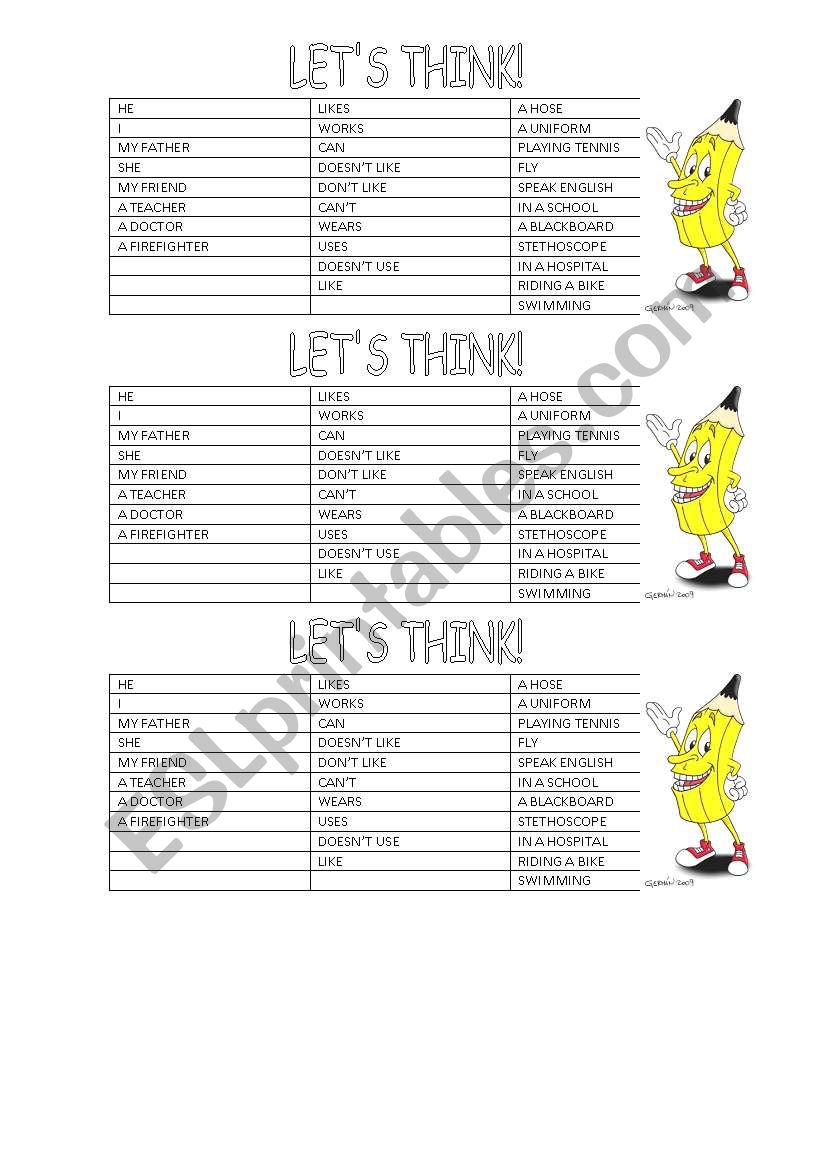 English worksheets: Let´s think and make sentences!
