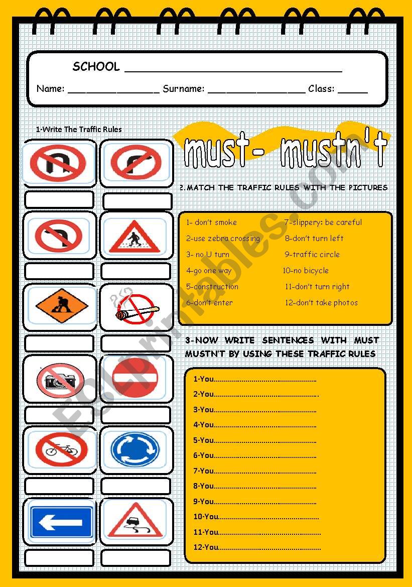 must- mustn´t with traffic rules - ESL worksheet by Serap289