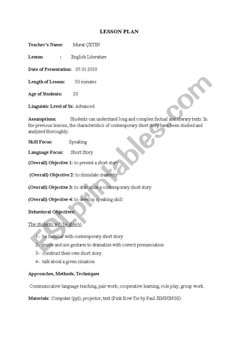 English Worksheets SHORT STORY LESSON PLAN