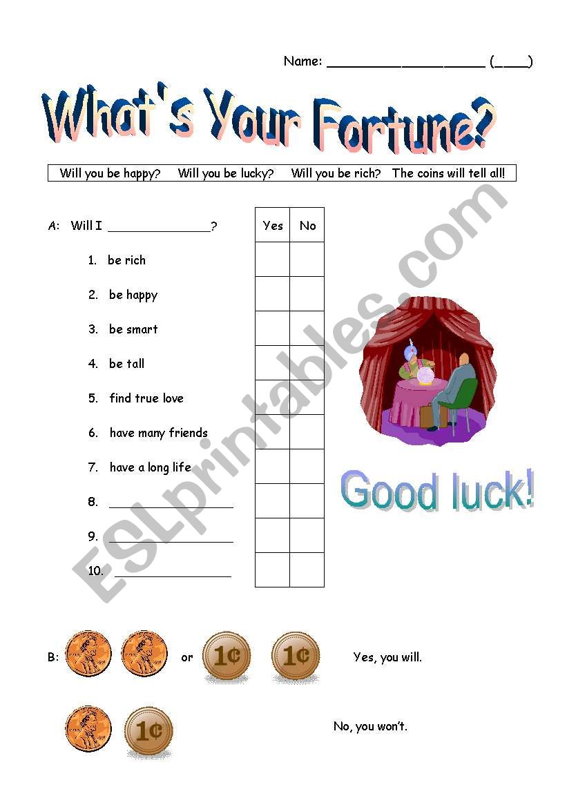 What´s Your Fortune - ESL worksheet by merrimanheidi