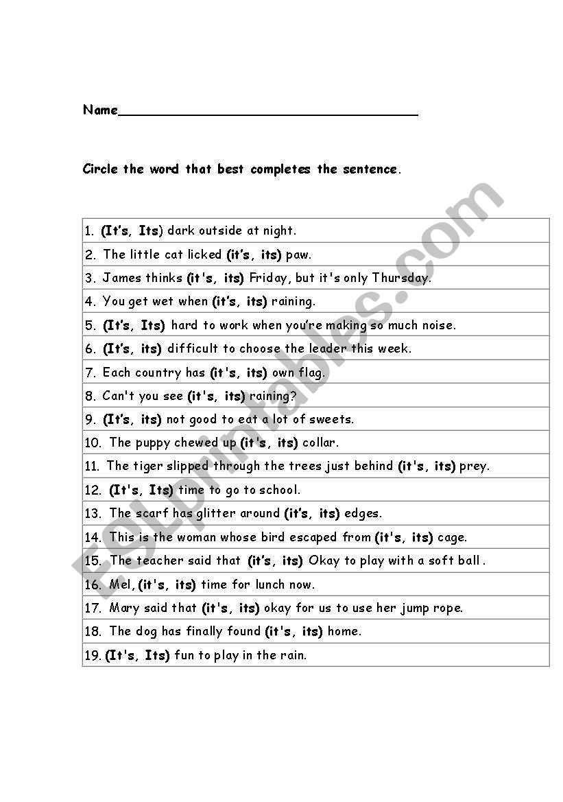 Its and It´s - ESL worksheet by debs