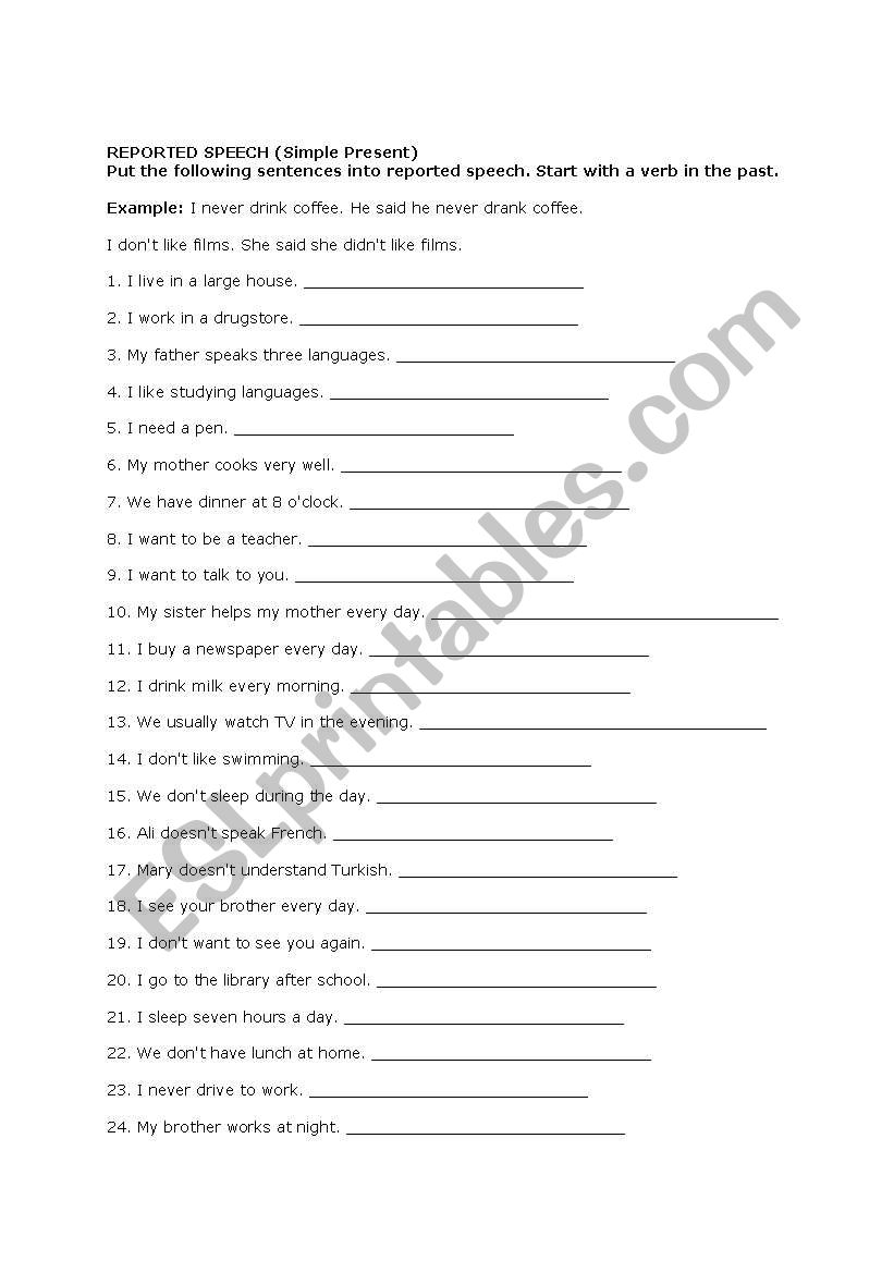 Reported Speech Worksheet - ESL worksheet by elcinnnnn