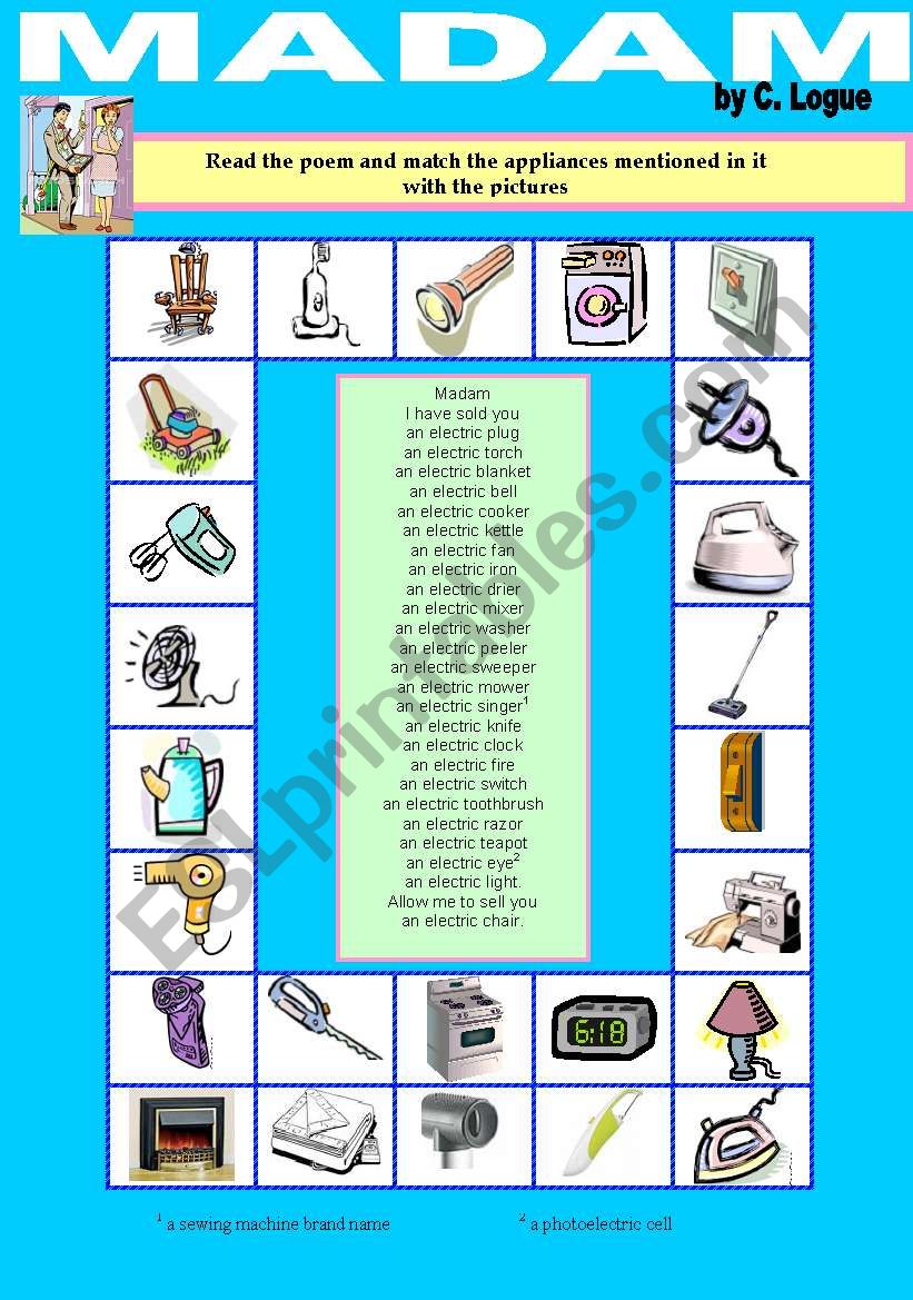 ´Madam´ a poem by C. Logue - Electrical appliances - ESL worksheet by ...