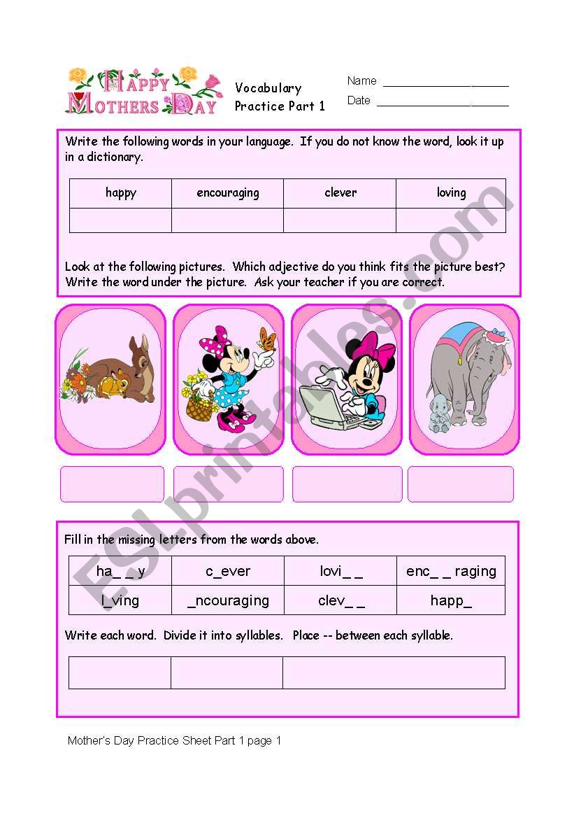 Mother’s Day Vocabulary Practice Part 4/8 of unit. With detailed key ...