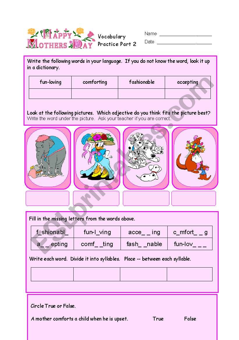 Mother’s Day Vocabulary Practice Part 5/8 of unit. With detailed key ...