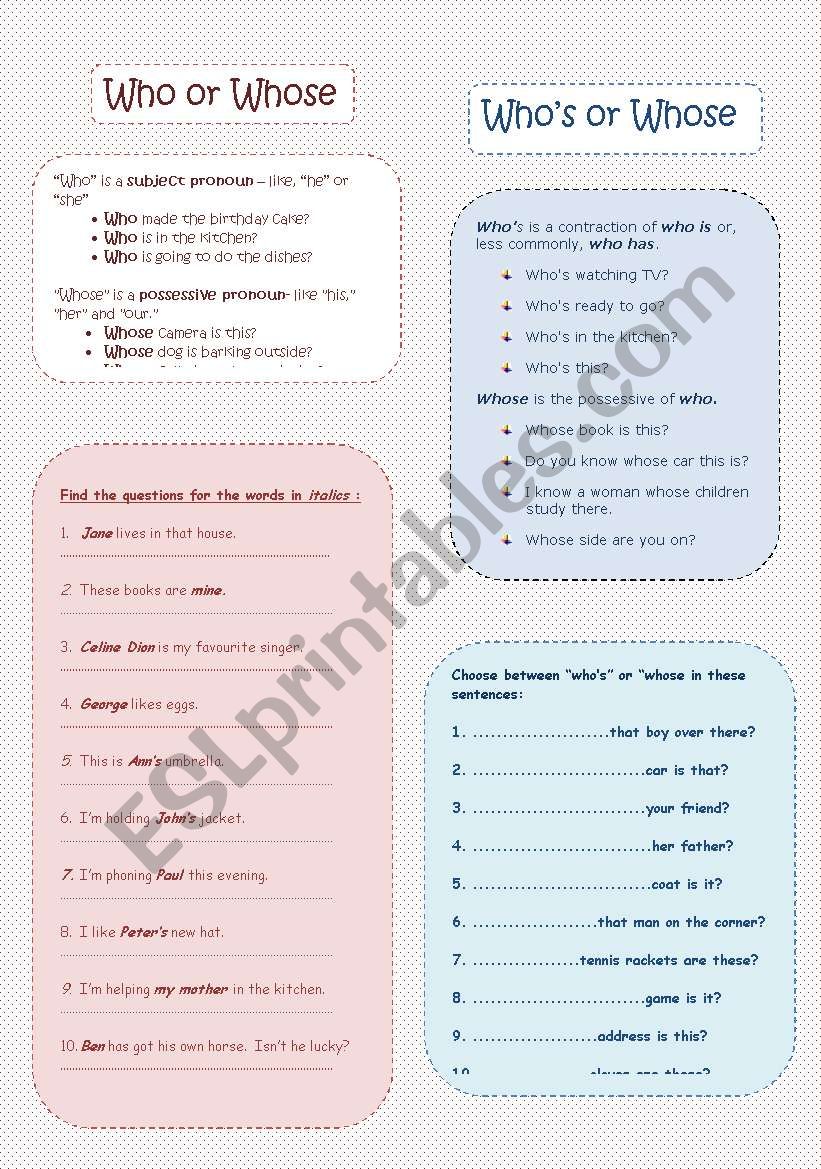 Who, Who´s or Whose - ESL worksheet by jannabanna